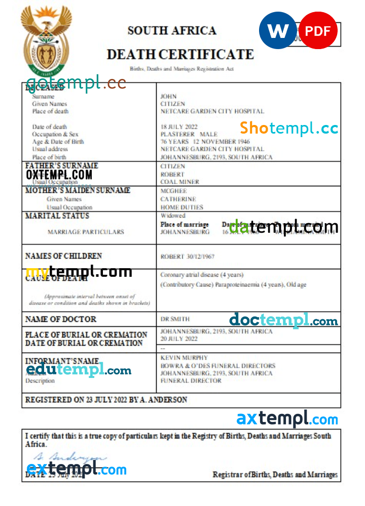 South African Death Certificate Word And PDF Example Completely South African Death Certificate Word And PDF Example Completely