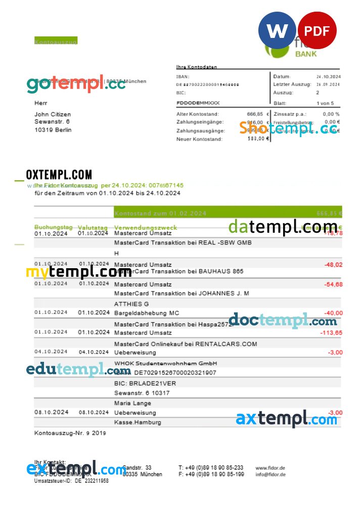 German Fidor bank statement 3 – 6 months, Word and PDF example – Mytempl