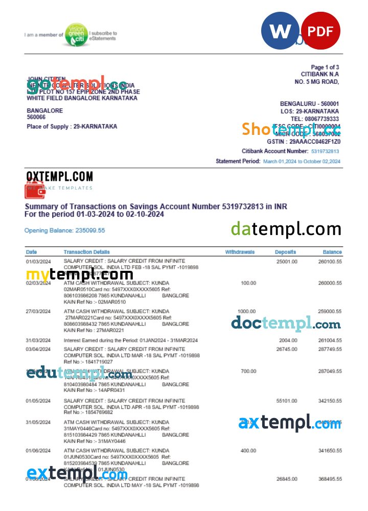 India Citibank bank statement 3 – 6 months Word and PDF example – Mytempl