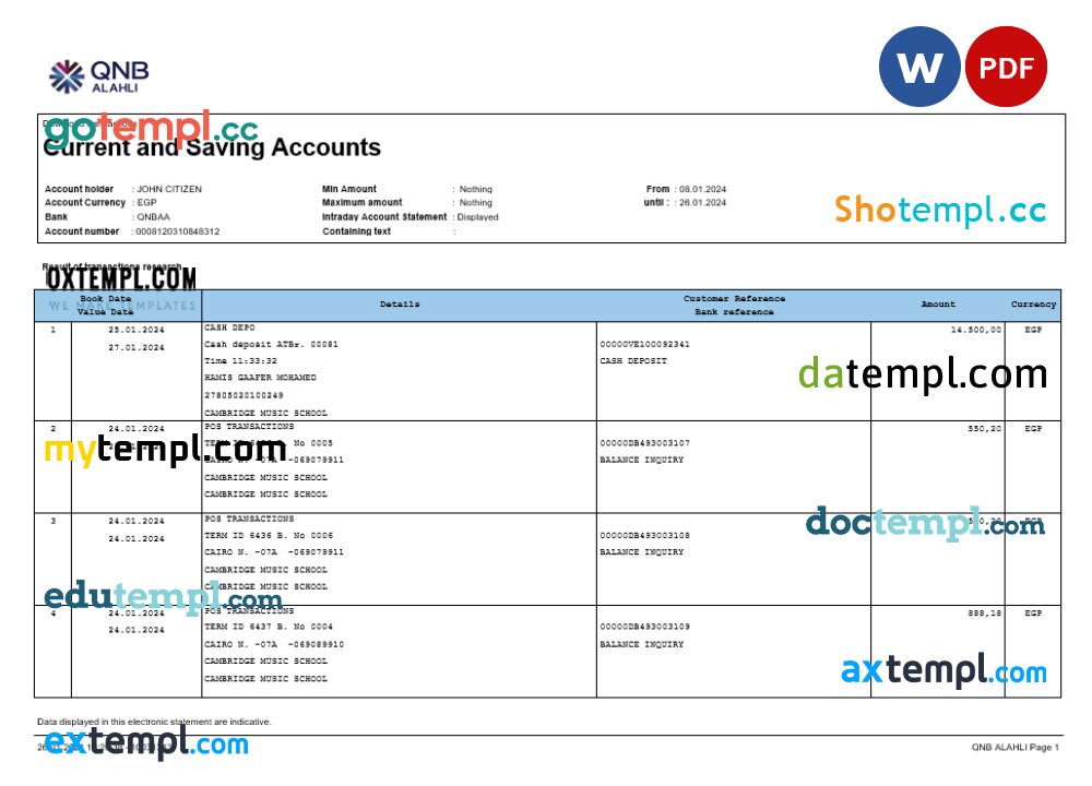 Qatar QNB Alahli bank statement 3 – 6 months Word and PDF example ...