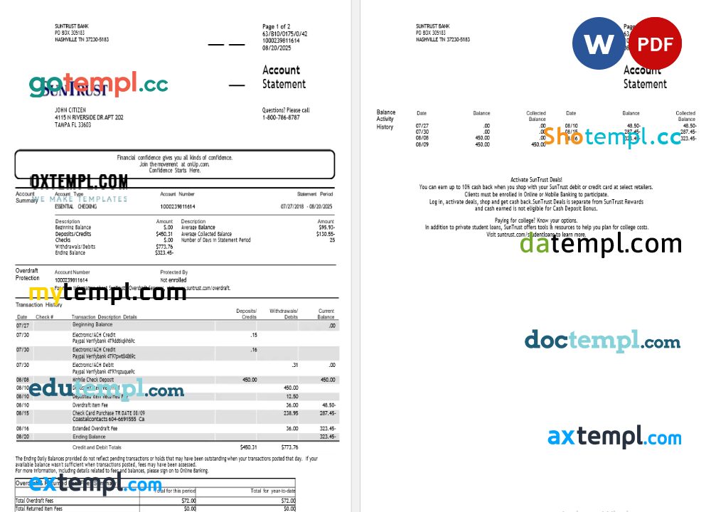 USA Suntrust bank statement 3 – 6 months Word and PDF example, 2 pages ...