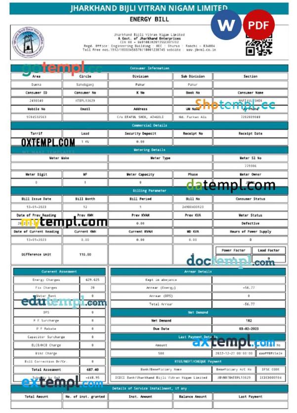 INDIA JHARKHAND BIJLI VITRAN NIGAM LTD. utility bill download Word and ...