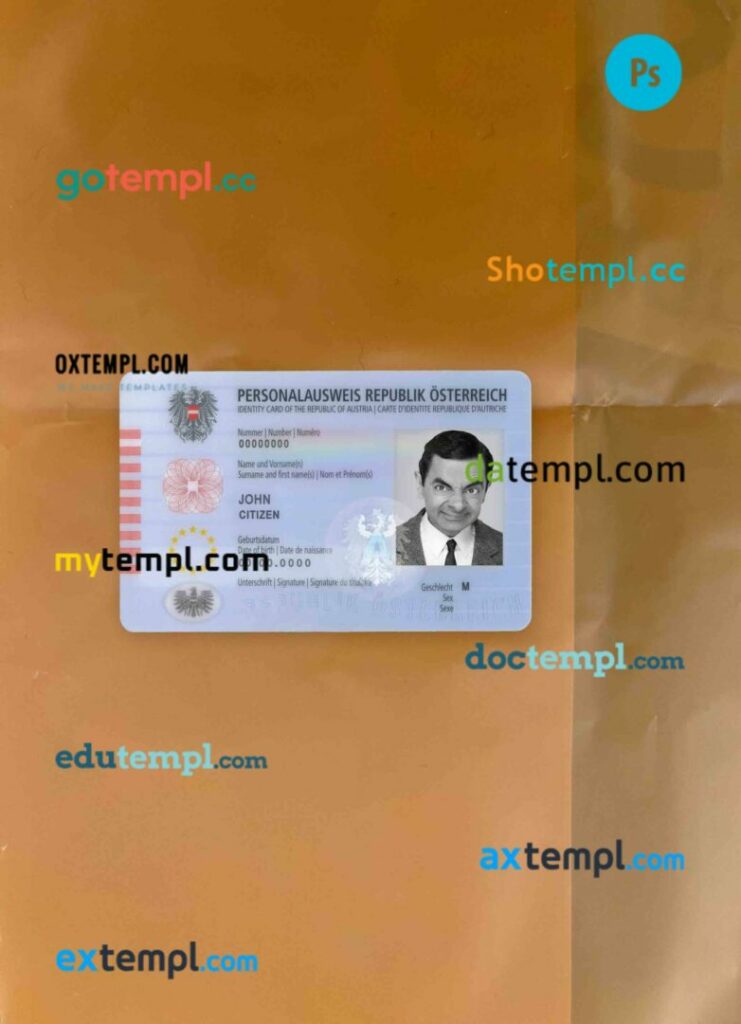 Austria ID card PSD files, scan and photo taken image, 2 in 1 - Mytempl