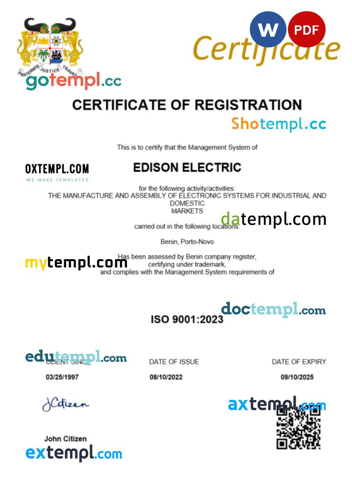 Benin business registration certificate Word and PDF template - Mytempl