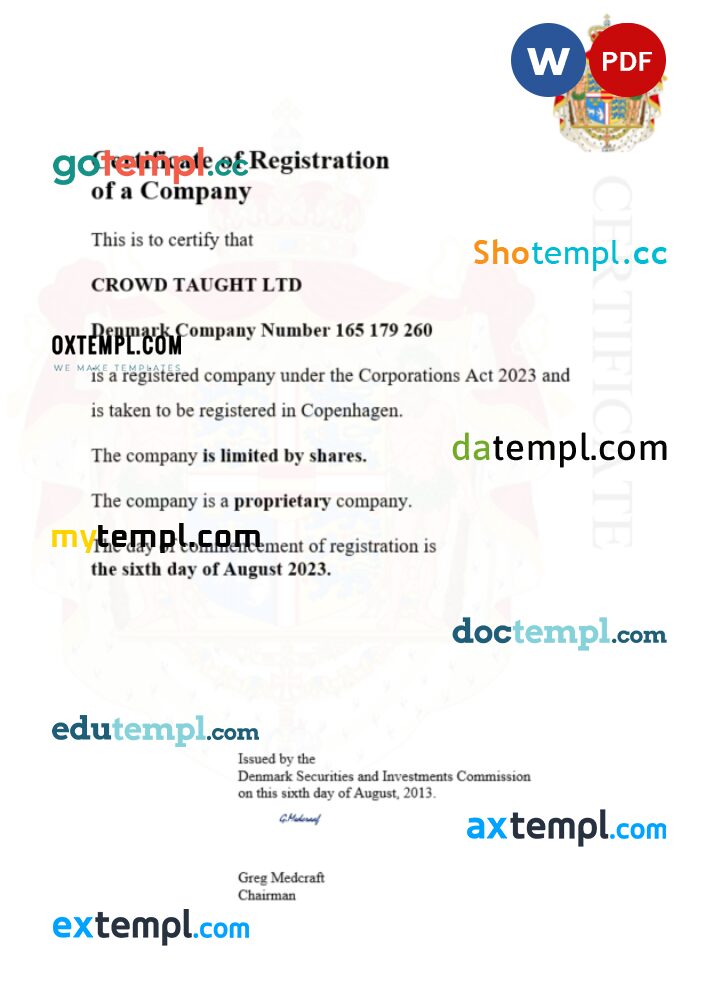 Denmark business registration certificate Word and PDF template - Mytempl