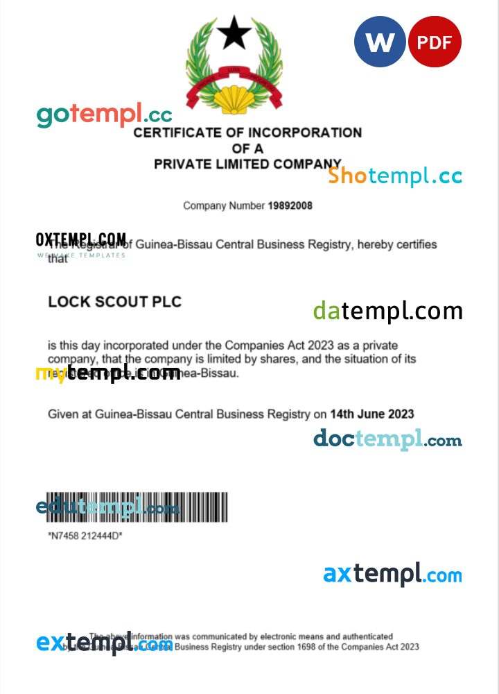 Guinea-Bissau certificate of registration Word and PDF template - Mytempl