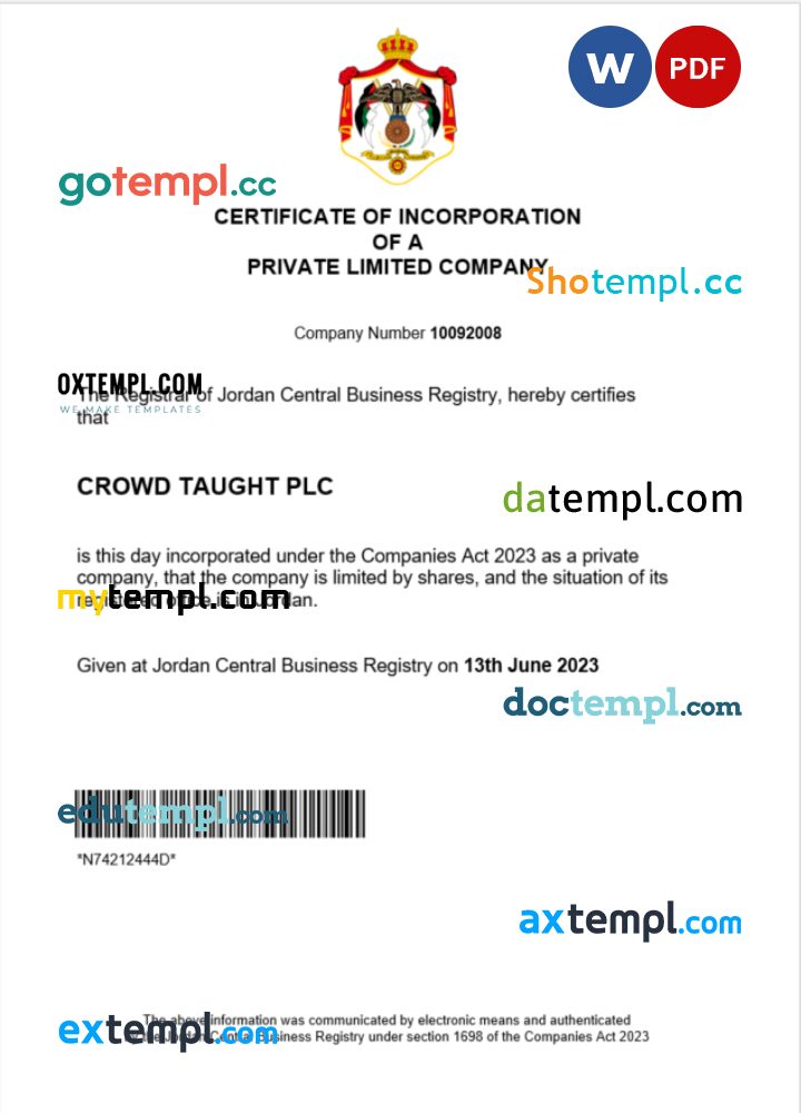 Jordan business registration certificate Word and PDF template - Mytempl
