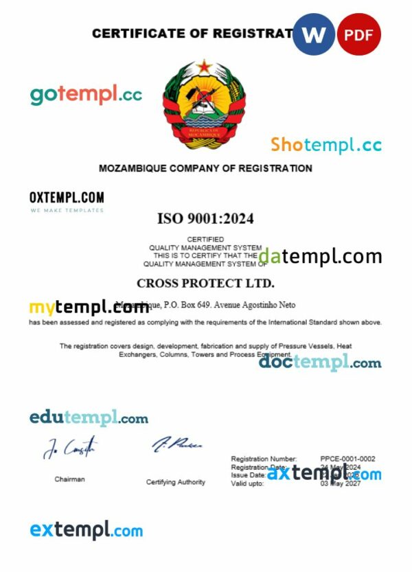 Mozambique company registration certificate Word and PDF template - Mytempl