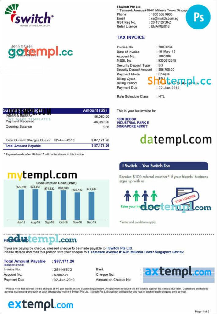 Singapore Iswitch energy utility bill template, fully editable in PSD ...