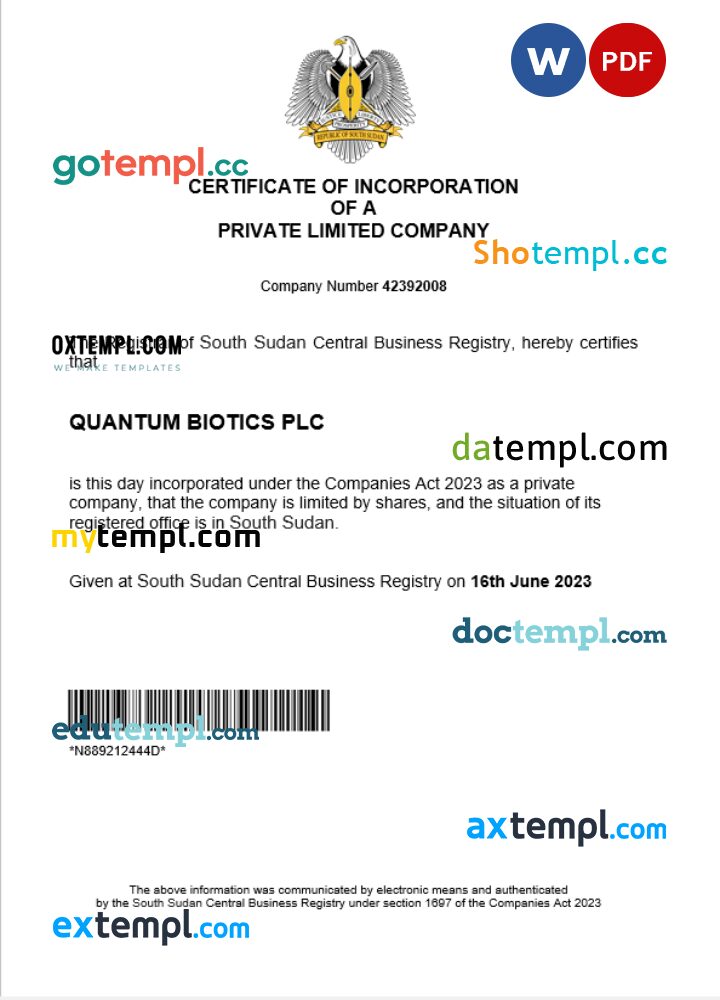 South Sudan business registration certificate Word and PDF template ...