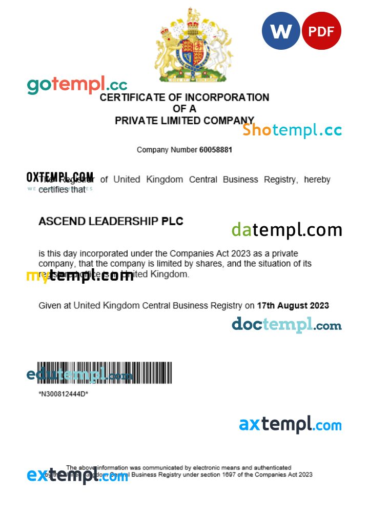 United Kingdom business registration certificate Word and PDF template ...