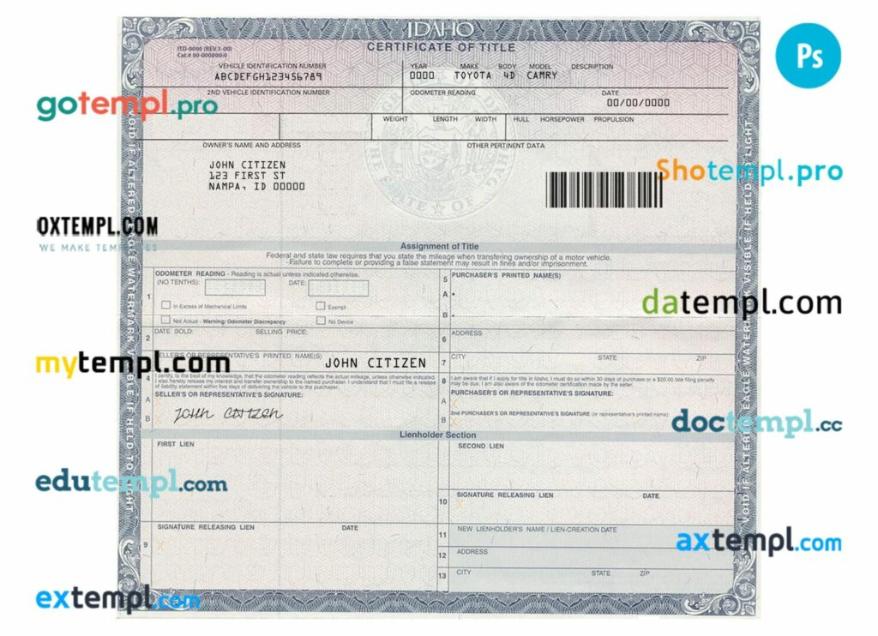 Idaho certificate of title of a vehicle (car title) template in PSD ...