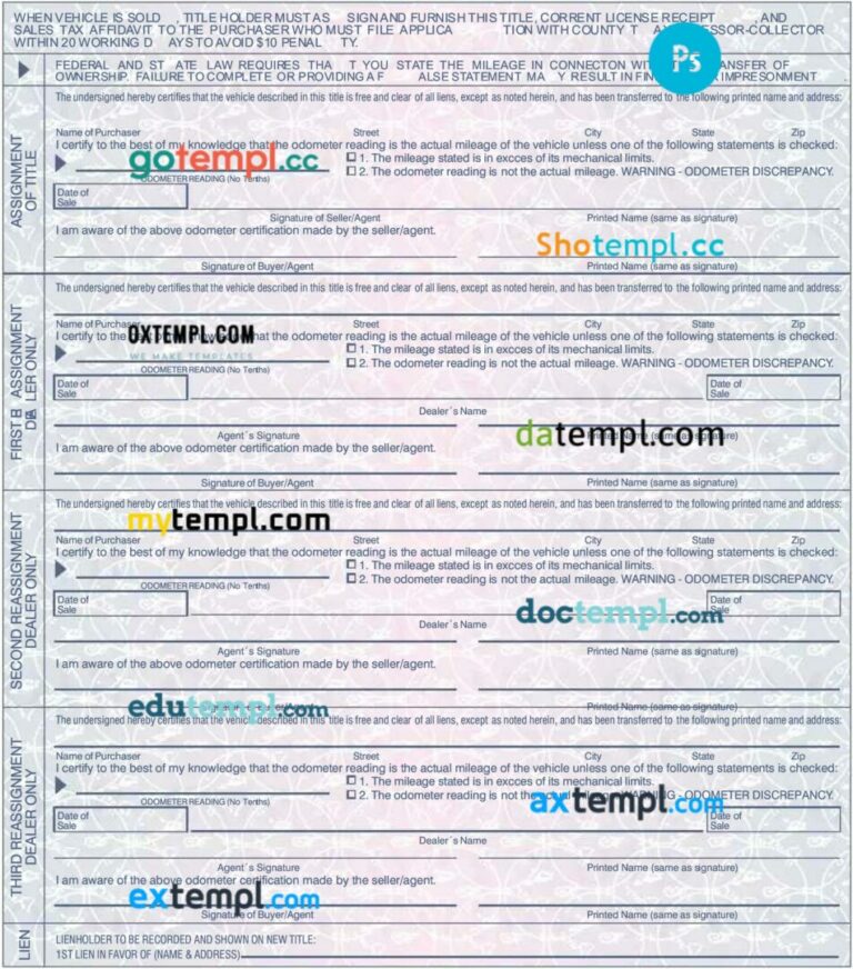Texas certificate of title of a vehicle (car title) template in PSD ...