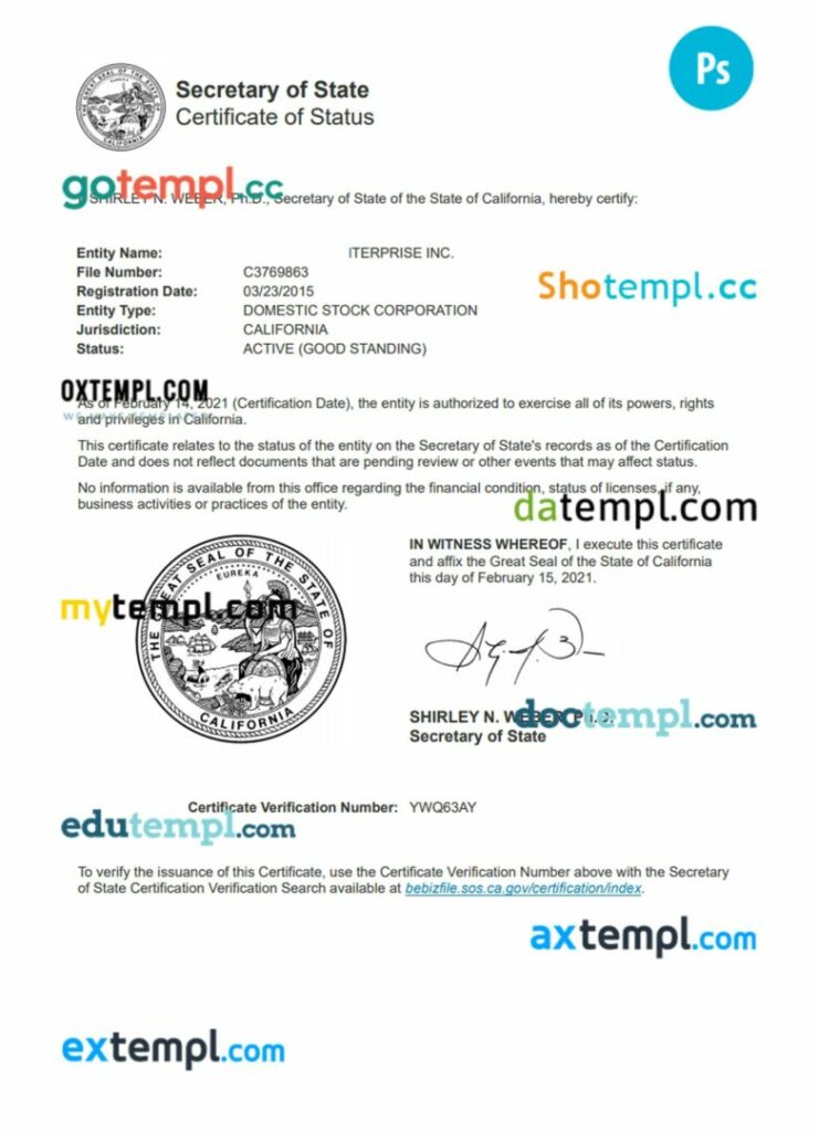 USA California certificate of good standing PSD template – Mytempl