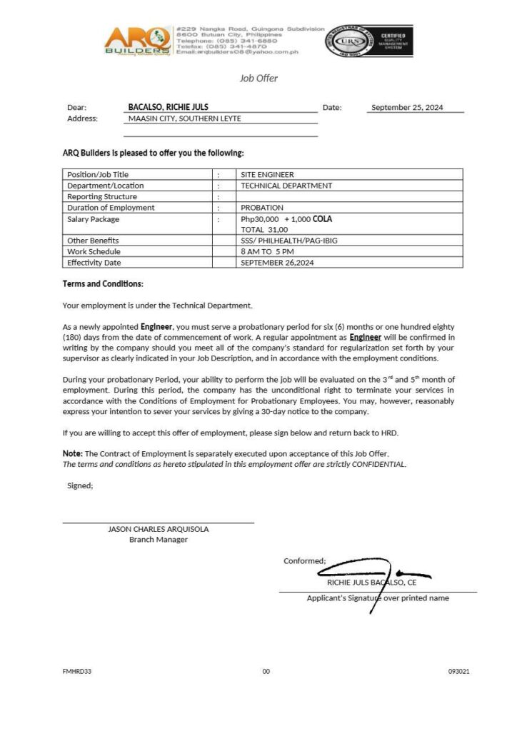 ARQ Builders Site Engineer offer letter in Word and Pdf formats – Mytempl
