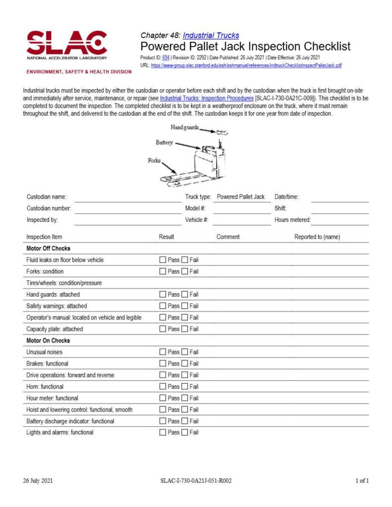 SLAC Powered Pallet Jack Inspection checklist template in Word and PDF ...