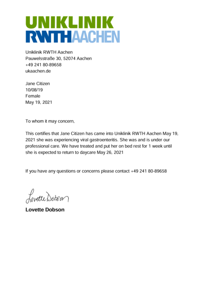 Uniklinik RWTH Aachen doctor note template in Word and PDF formats ...