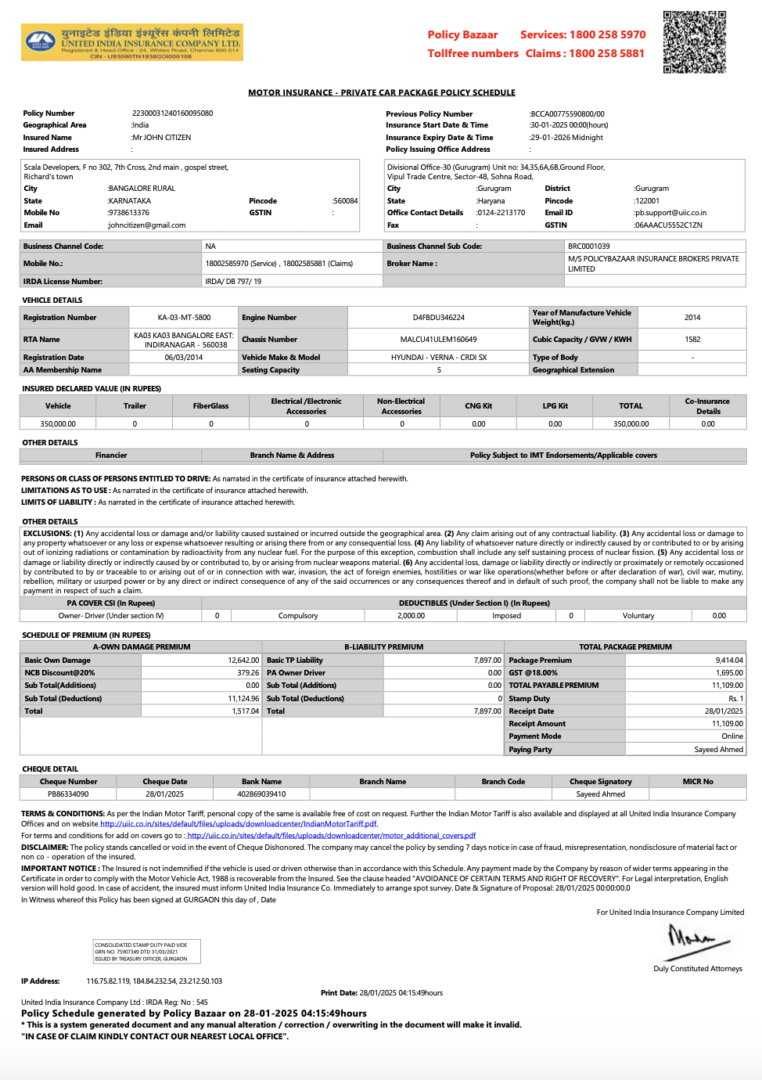 United India Insurance motor insurance ‐ private car package policy ...