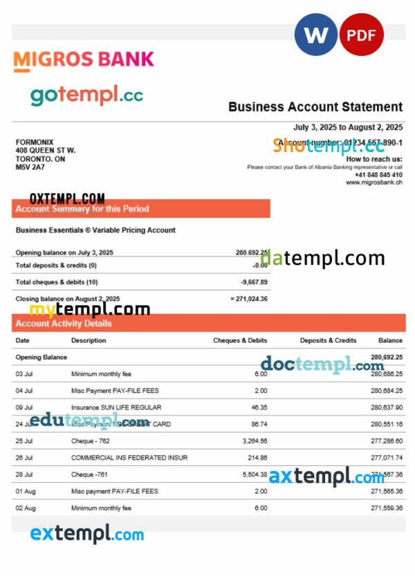 Swiss Migrosbank enterprise statement Word and PDF format – Mytempl