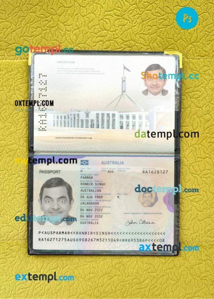 Australia passport editable PSD files with address page, scan and photo ...
