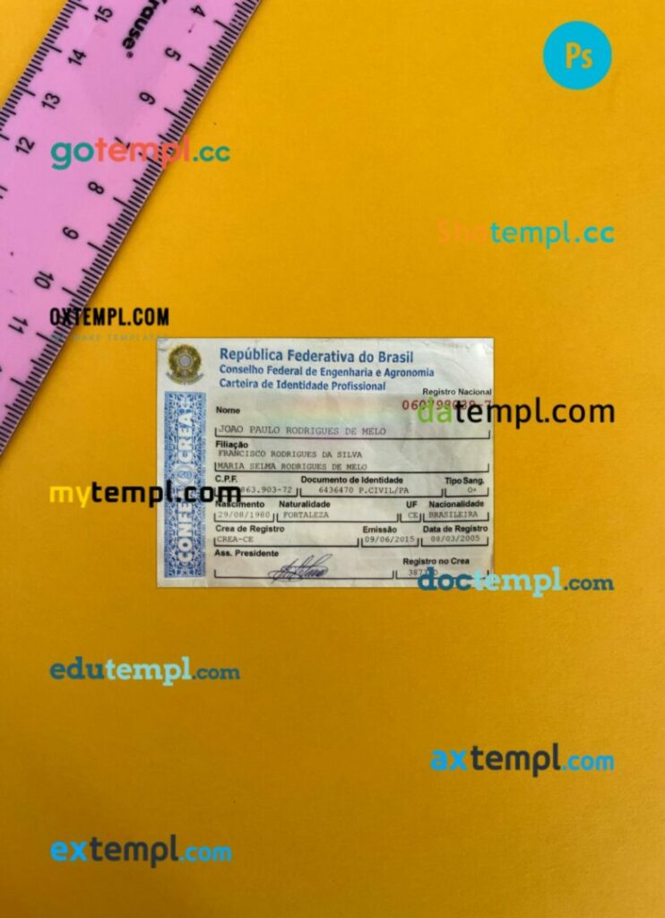 Brazil professional identity card editable PSD files, scan look and ...