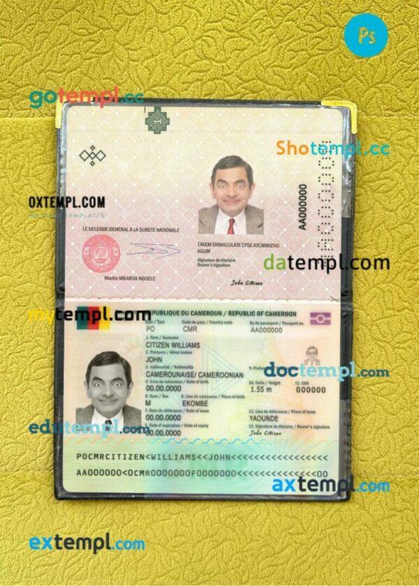 Cameroon passport editable PSD files with address page, scan and photo ...