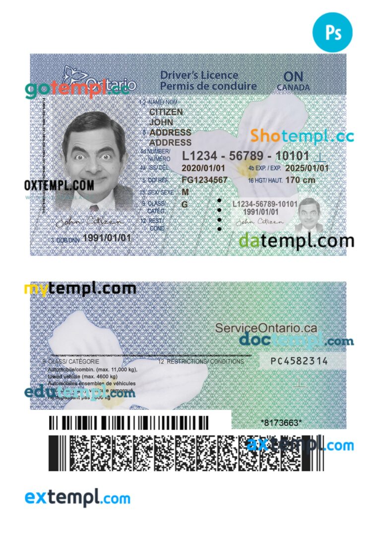 Canada Ontario DL PSD editable template, (2018 – present), version 2 ...