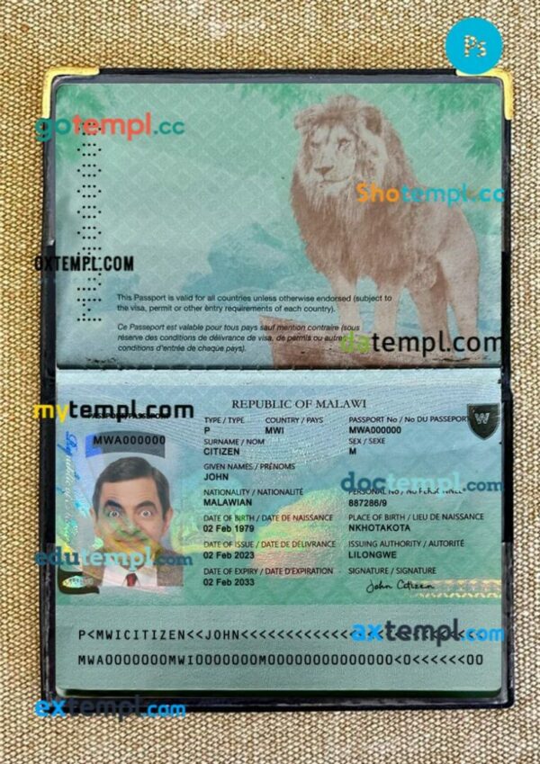 Malawi passport editable PSD files with address page, scan and photo ...