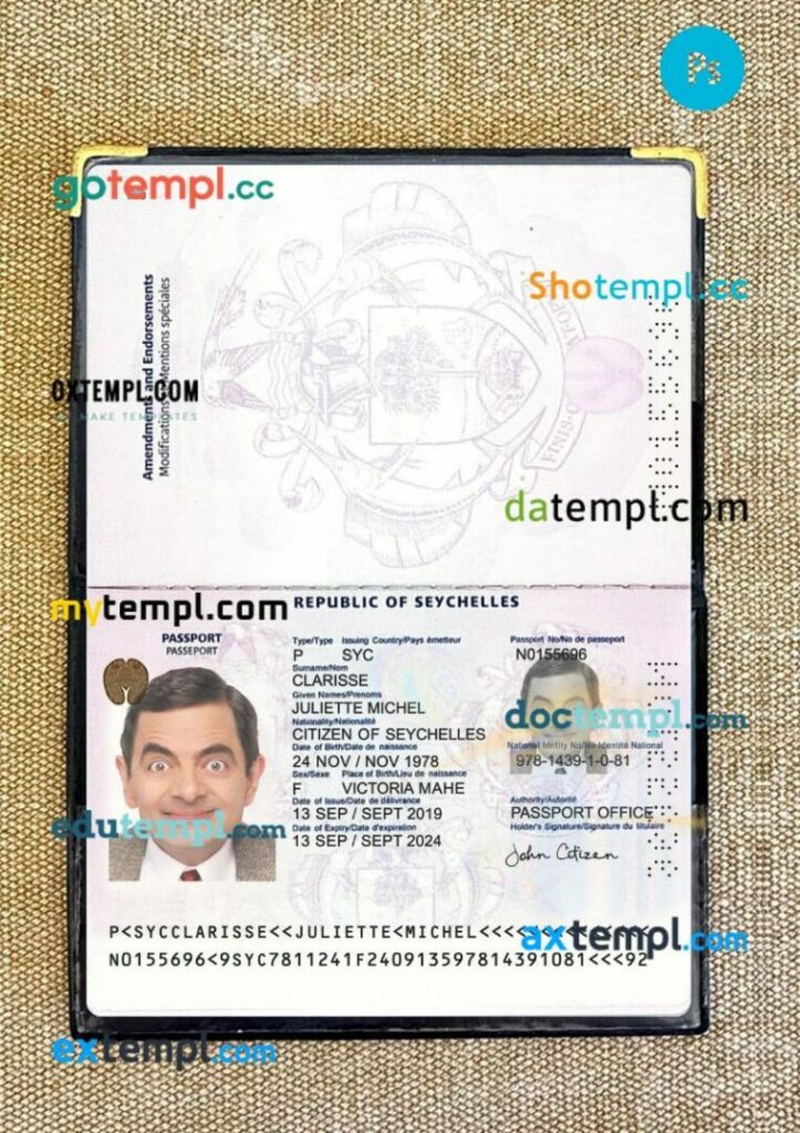 Seychelles passport editable PSD files with address page, scan and ...