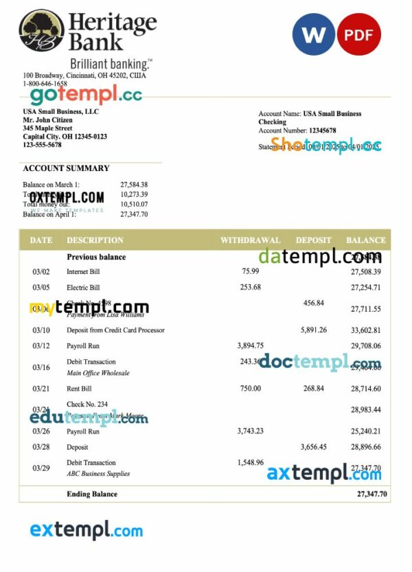 US Heritage business checking account statement Word and PDF template ...