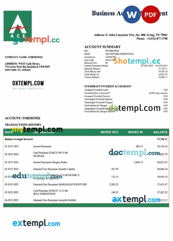 USA ACE business checking account statement Word and PDF template – Mytempl