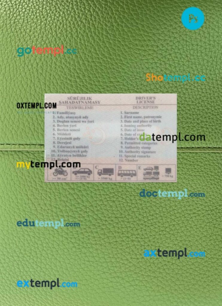 Turkmenistan driving license PSD files, scan look and photographed ...