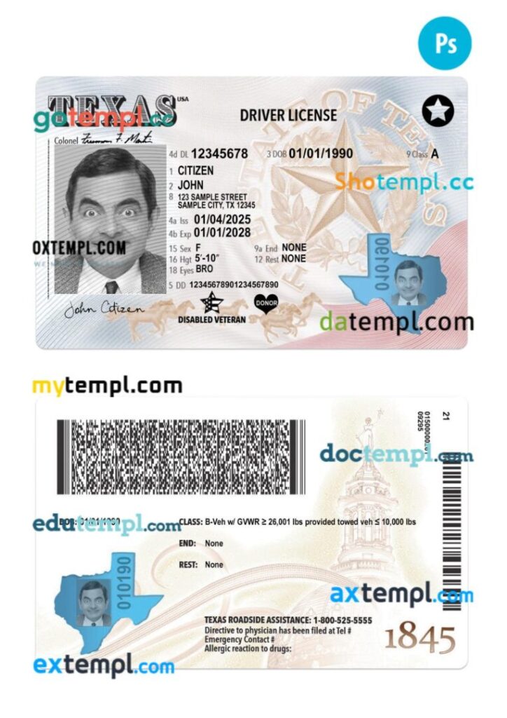 USA Texas driving license PSD editable template, 2025-present – Mytempl
